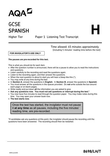 AQA GCSE Spanish Listening Paper (2022, Higher Tier) - Video for self ...