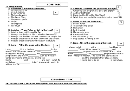 TV Programmes - French Bubble Sheet - Reading and Comprehension ...