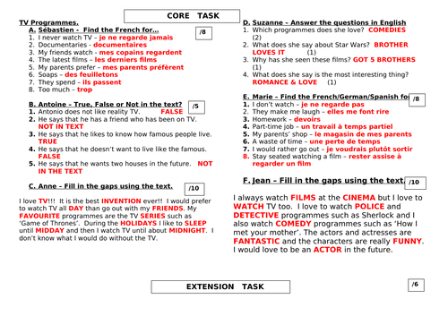 TV Programmes - French Bubble Sheet - Reading and Comprehension ...