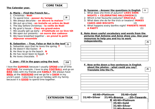 FREE SAMPLE CULTURAL TOPIC - The Calendar - French Bubble Sheets ...