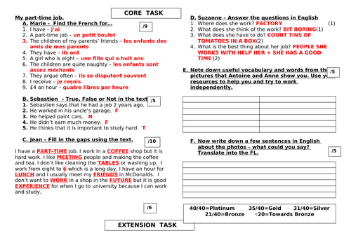 Part-time jobs - French Bubble Sheets - Reading and Writing | Teaching ...