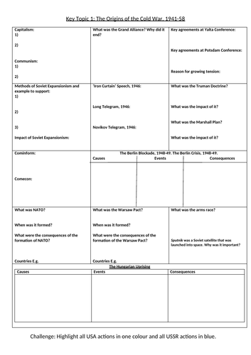 GCSE Cold War 1945-1991 Revision Grids Edexcel | Teaching Resources