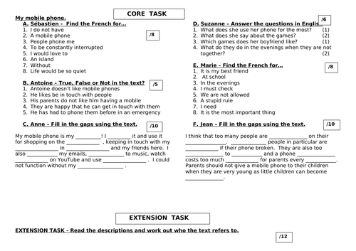 Mobile Phones - French Bubble Sheet - Reading and Comprehension ...