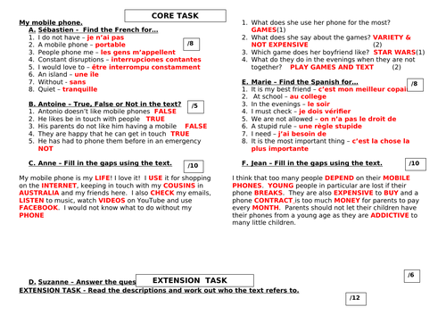 Mobile Phones - French Bubble Sheet - Reading and Comprehension ...