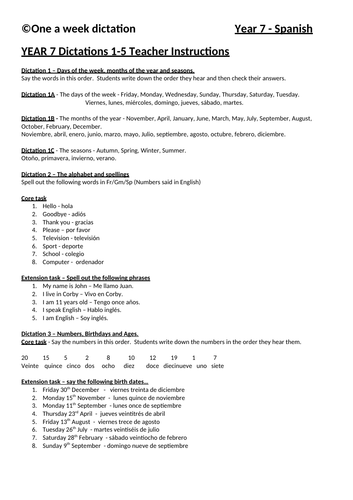KS3 Spanish Dictations - One a week dictations (40+ weeks for years 7-9 ...