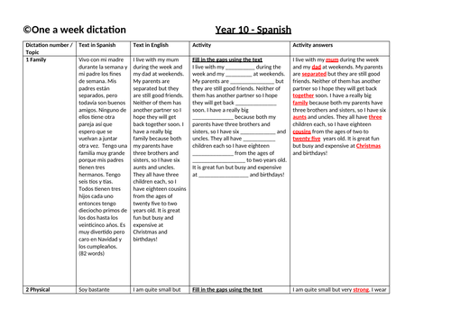 KS4 Spanish Dictations - One a week dictations (43 weeks in year 10, 26 ...