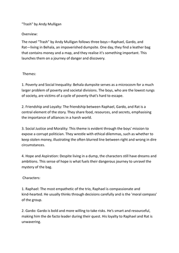 'Trash' by Andy Mulligan, notes & questions & EAL version | Teaching ...