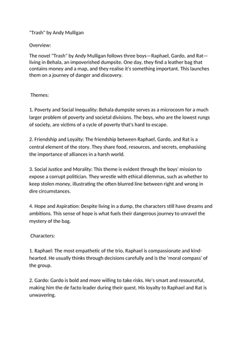 'Trash' by Andy Mulligan, notes & questions & EAL version | Teaching ...