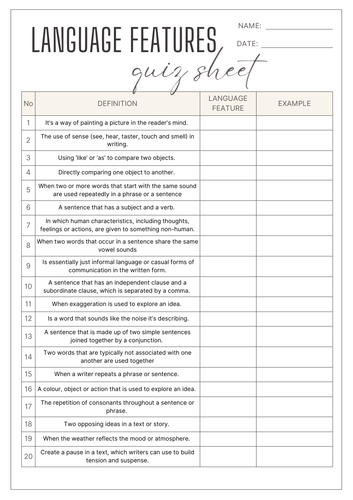 Language Feature Quiz/ Example & Answer Sheet | Teaching Resources