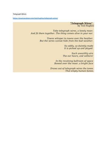 Ted Hughes 'Telegraph Wires' lesson including example exam answer ...
