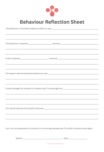 Behaviour Reflection Sheet Teaching Resources 