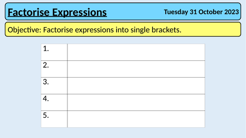 Factorise Expressions (Single Brackets) | Teaching Resources