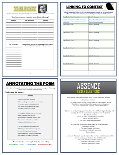 Absence - Elizabeth Jennings - Comprehension Activities Booklet ...
