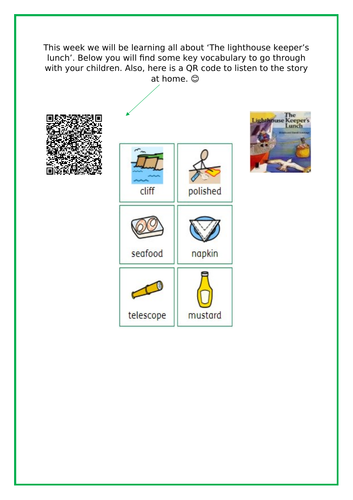 The Lighthouse Keeper's lunch vocab sheet with a qr link to the story ...