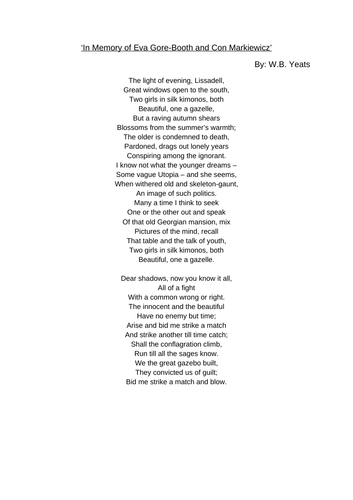 'In Memory of Eva Gore-Booth and Con Markiewicz' by W.B. Yeats ...