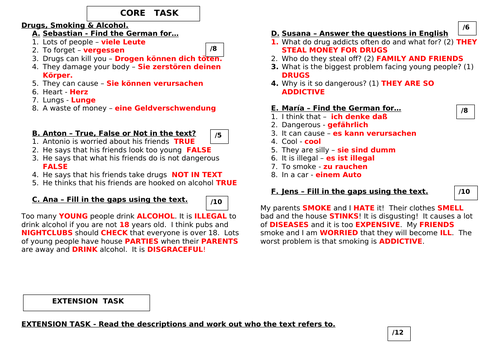 Drugs, Smoking and Alcohol - German Bubble Sheet - Reading and ...
