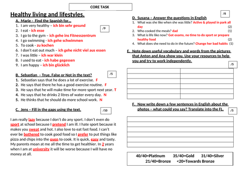 Healthy living & Lifestyles- German Bubble Sheets - Reading and Writing ...
