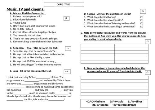 Music, TV & Cinema - German Bubble Sheets - Reading and Writing ...