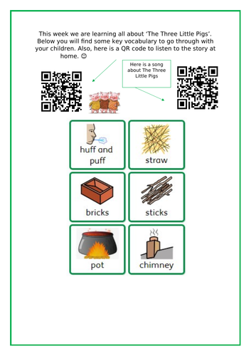 The three little pigs vocab sheet with qr link to a story | Teaching ...