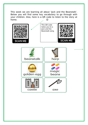 Jack and the Beanstalk vocab sheet with a qr code linked to the story ...