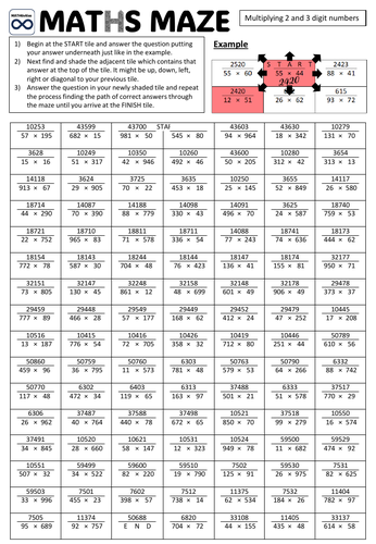 Maths Maze Activity Worksheet: Multiply 2 and 3 digit numbers ...