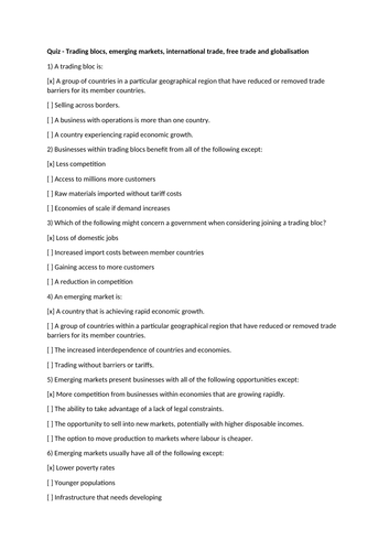 Multiple choices questions - Trading blocs, emerging markets ...