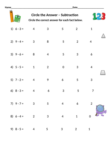 Circle the Answer - Subtraction (5 Pages) | Teaching Resources