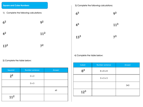 Square and Cube Numbers Worksheet | Teaching Resources