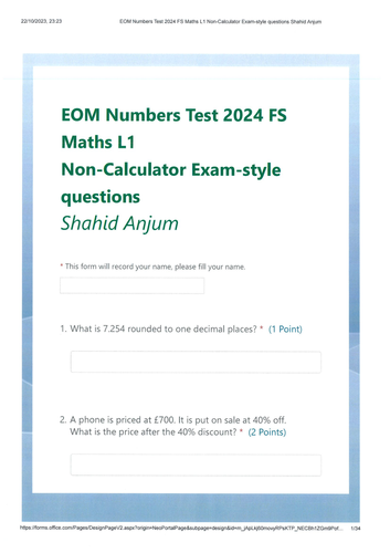 FS Maths L1 Numbers Test 2024 Non-Calculator | Teaching Resources