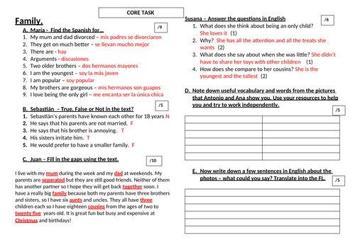 Family - Spanish Bubble Sheet - Reading and Comprehension activity ...
