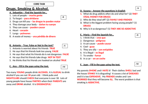 Drugs, Smoking & Alcohol - Spanish Bubble Sheet - Reading and ...