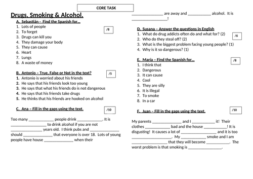 Drugs, Smoking & Alcohol - Spanish Bubble Sheet - Reading and ...