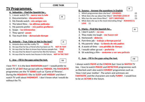 TV Programmes - Spanish Bubble Sheet - Reading and Comprehension ...