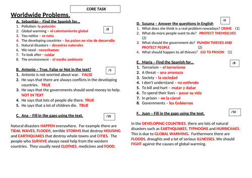 World-wide Problems - Spanish Bubble Sheet - Reading and Comprehension ...