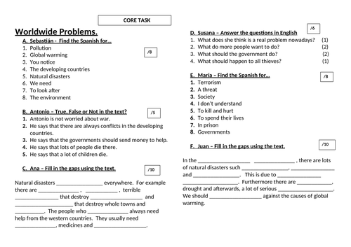 World-wide Problems - Spanish Bubble Sheet - Reading and Comprehension ...