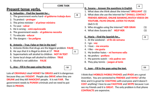 Present Tense Verbs - Spanish Bubble Sheet - Reading and Comprehension ...