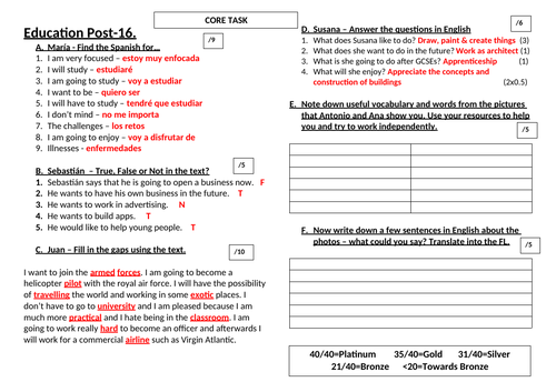 Education Post-16 - Spanish Bubble Sheets - Reading and Writing ...