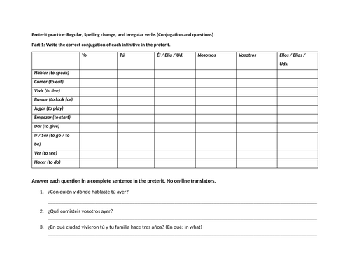 Preterit practice: Regular, Spelling change, and Irregular verbs ...