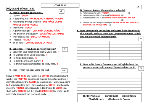 Part-Time Job - Spanish Bubble Sheets - Reading and Writing | Teaching ...