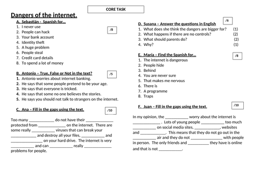 Dangers of the Internet - Spanish Bubble Sheet - Reading and ...