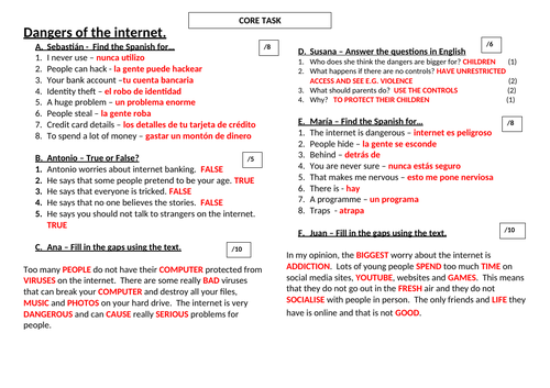 Dangers of the Internet - Spanish Bubble Sheet - Reading and ...