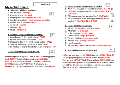 My Mobile Phone - Spanish Bubble Sheet - Reading and Comprehension ...