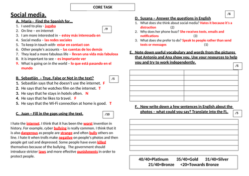 Social Media - Spanish Bubble Sheets - Reading and Writing | Teaching ...