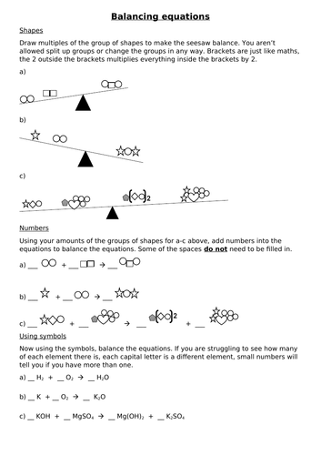 Balancing equations scaffolded sheet | Teaching Resources