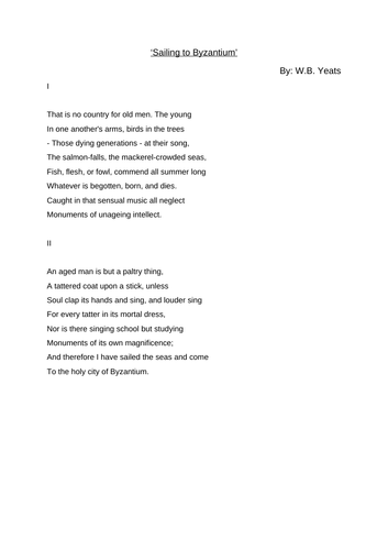 'Sailing to Byzantium' by W.B. Yeats | Teaching Resources