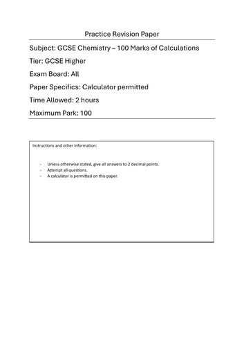 100 Marks of GCSE Chemistry Calculation Questions | Teaching Resources