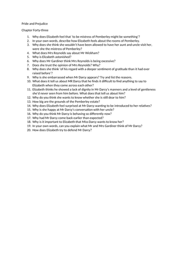 Pride and Prejudice Comprehension Questions - Chapters 41 - 50 ...