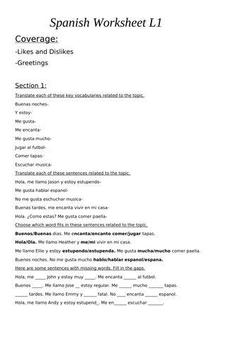 Spanish Lesson 1 Worksheet | Teaching Resources