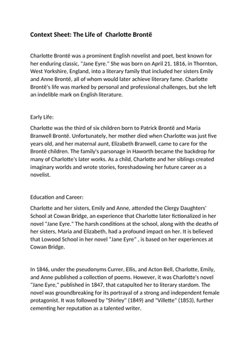 Jane Eyre KS3 - Lesson Plan - Charlotte Bronte and Chapter 1 Part 1 ...