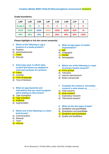 R093 TA2/LO2 End of Unit Misconceptions Assessment | Teaching Resources